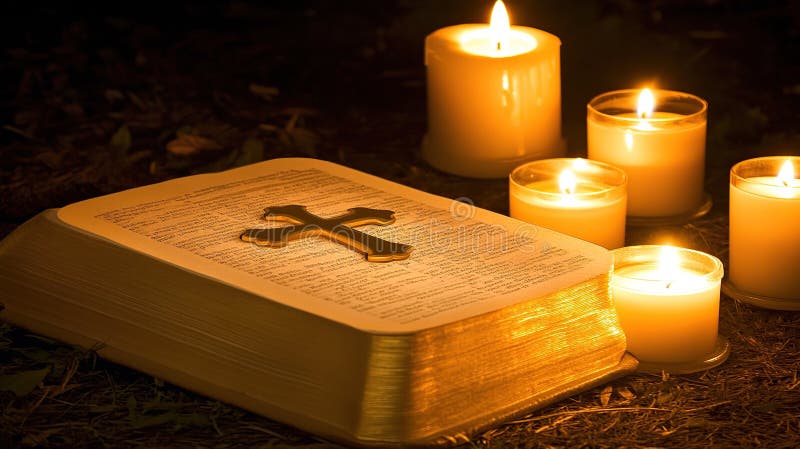 Nighttime Bible Study, Candles, Cross, Outdoors, Faith Stock Photo ...
