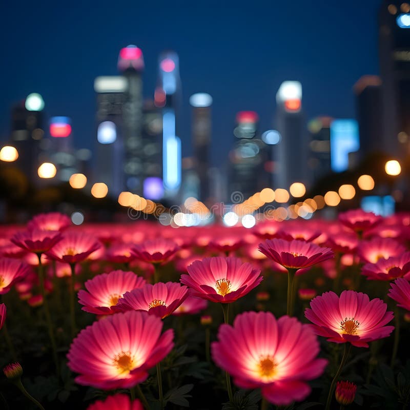 Nighttime Blossoms Vibrant Cityscape Enhanced with Focus Stacking Stock ...