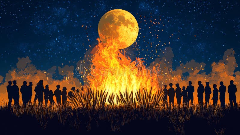 Nighttime Bonfire Celebration Under a Full Moon with People Stock ...