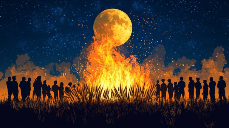 Nighttime Bonfire Celebration Under a Full Moon with People Stock ...