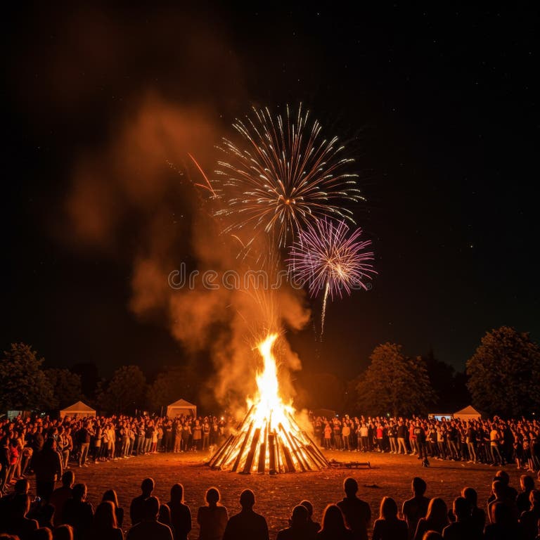 Nighttime Bonfire and Fireworks Celebration Stock Illustration ...