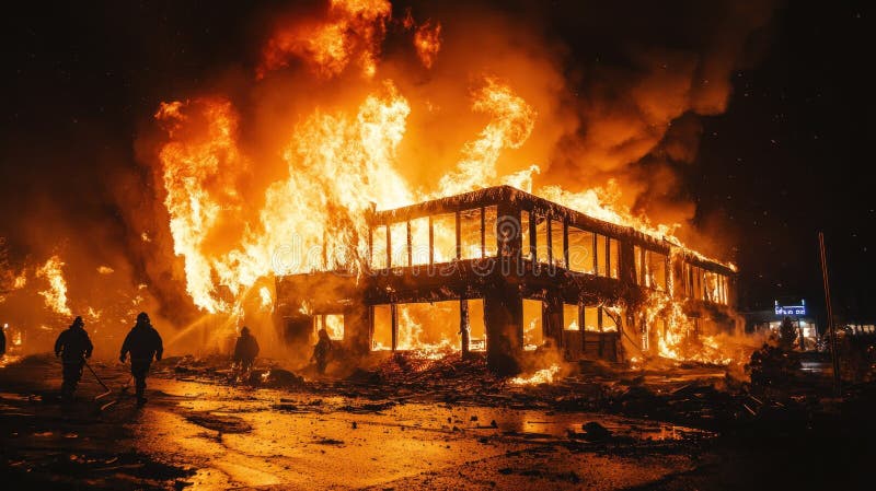 Nighttime Building Fire with Firefighters Stock Illustration ...