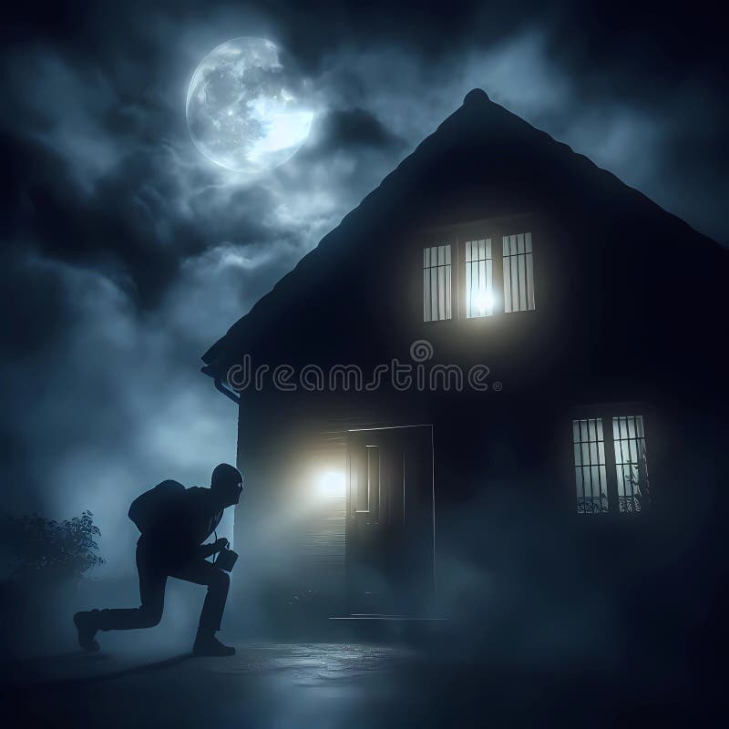 Nighttime Burglary Thief Breaking in Stock Illustration - Illustration ...