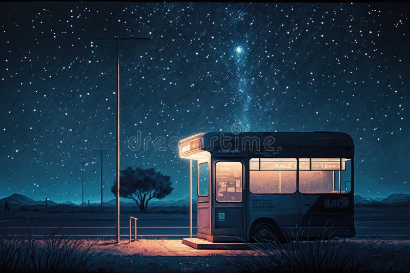 Nighttime Bus Stop, with the Glow of City Lights and Starry Sky Above ...