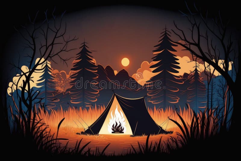 The Nighttime Camp Scene, Complete with Tent and Fire Stock ...