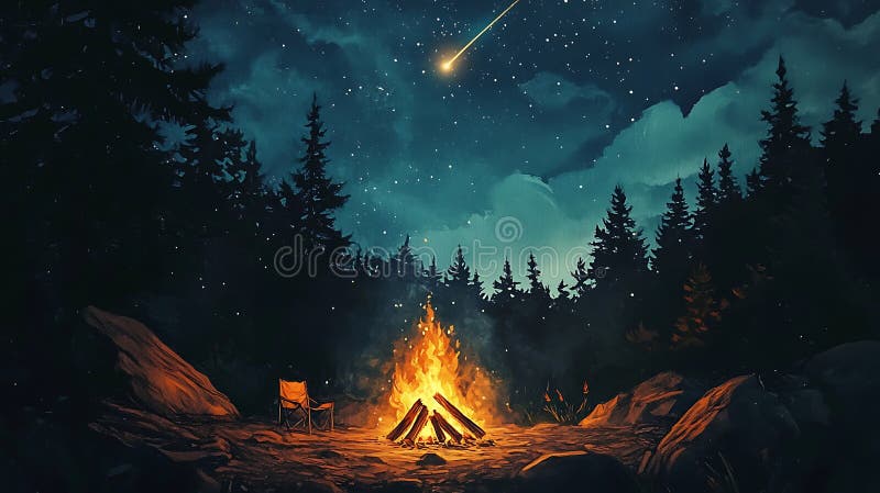 Nighttime Campfire in the Forest with a Shooting Star Stock ...