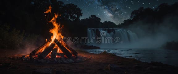 Nighttime Campfire Scene beside a Majestic Waterfall. Stock Photo ...