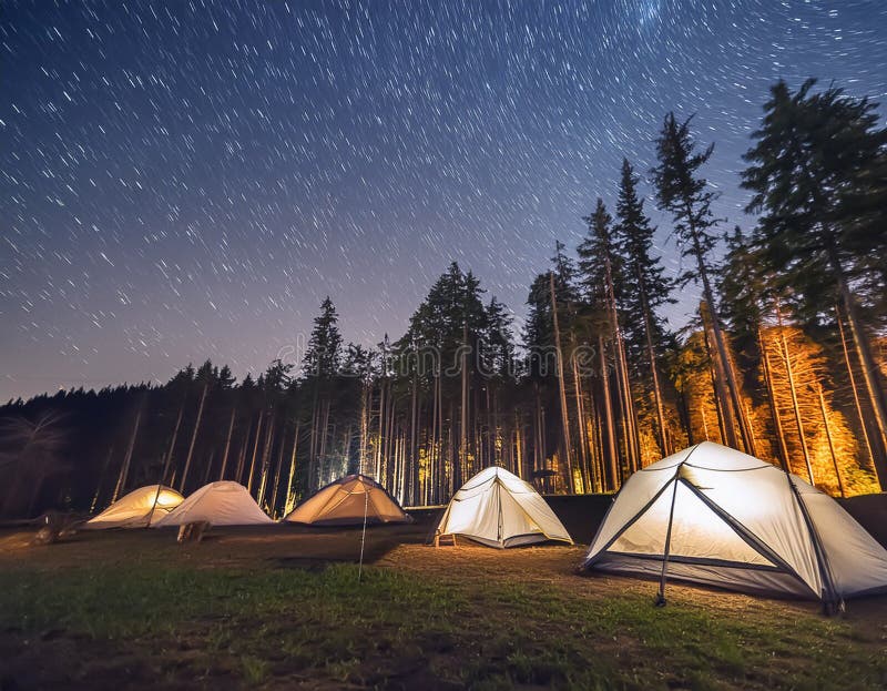 Nighttime Camping in the Forest with Lit Tents and Starry Sky Stock ...