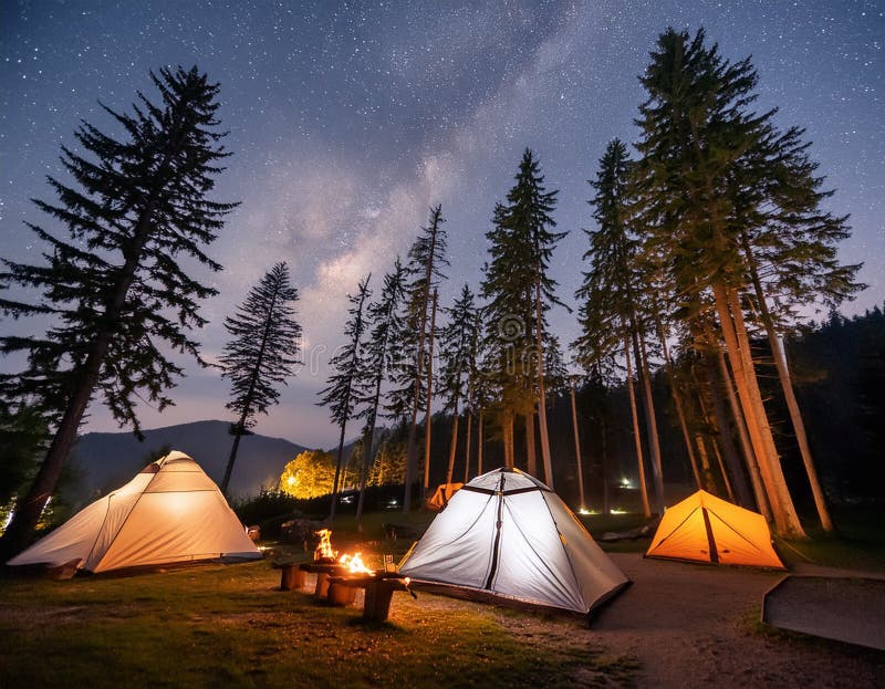Nighttime Camping in the Forest with Lit Tents and Starry Sky Stock ...