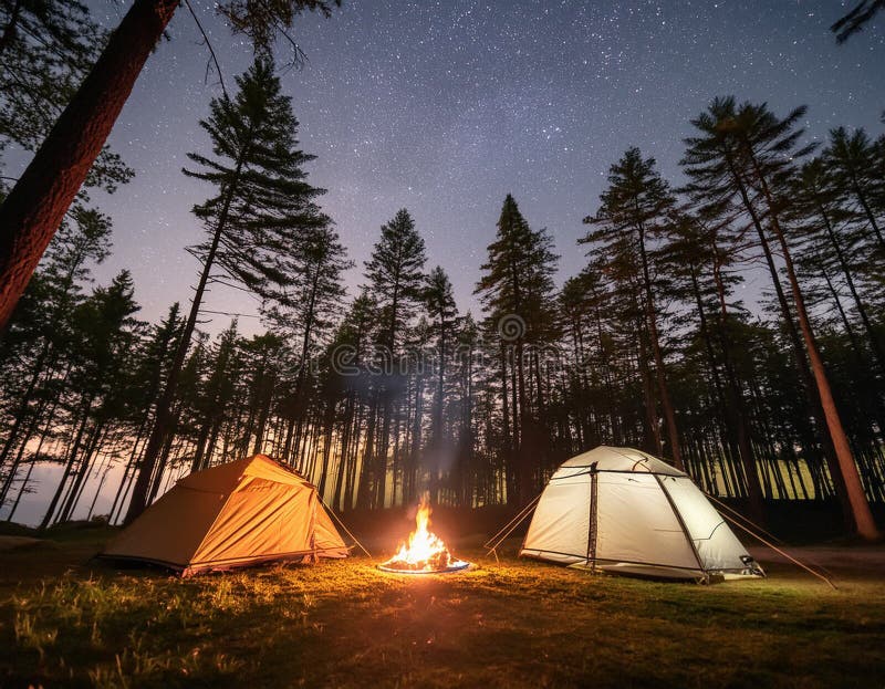 Nighttime Camping in the Forest with Lit Tents and Starry Sky Stock ...