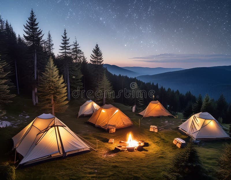 Nighttime Camping in the Forest with Lit Tents and Starry Sky Stock ...