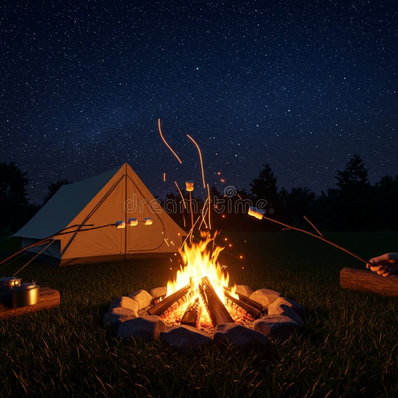 A Nighttime Camping Scene Features a Bright Campfire Surrounded by a ...