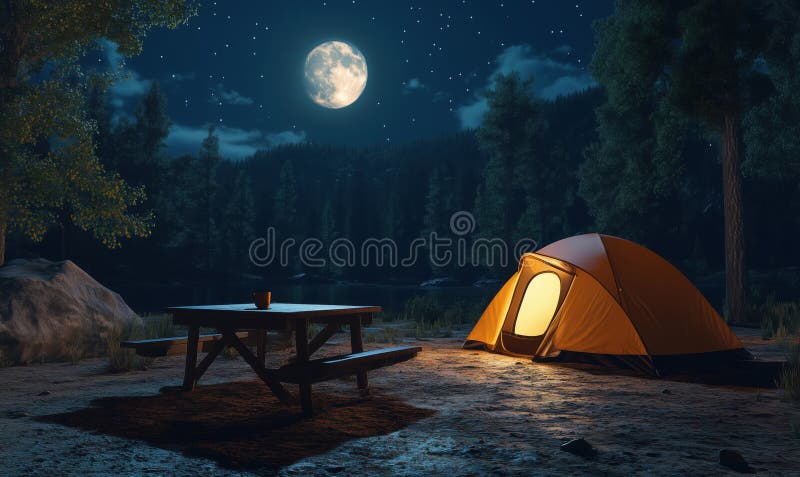 Nighttime Camping Scene with Illuminated Tent and Moonlit Lake Stock ...