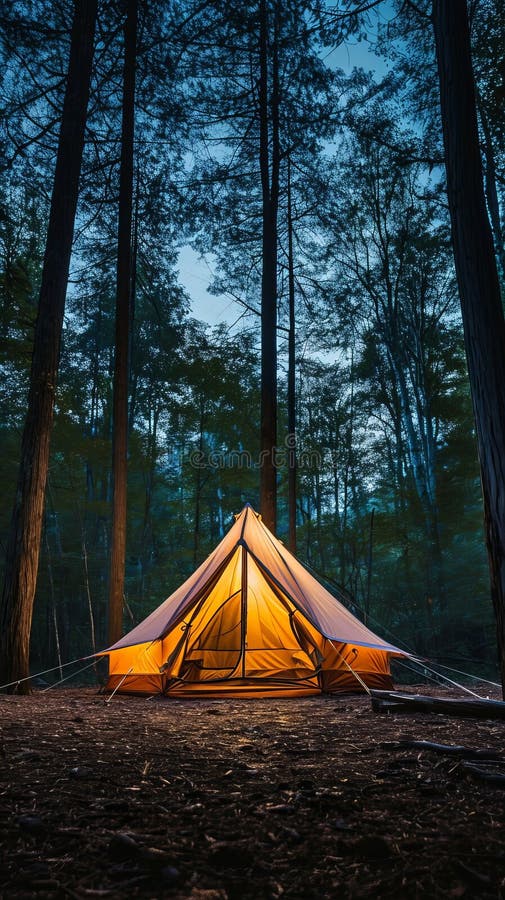 Nighttime Camping Tent Under Forest Canopy, Illuminated by Campfire ...