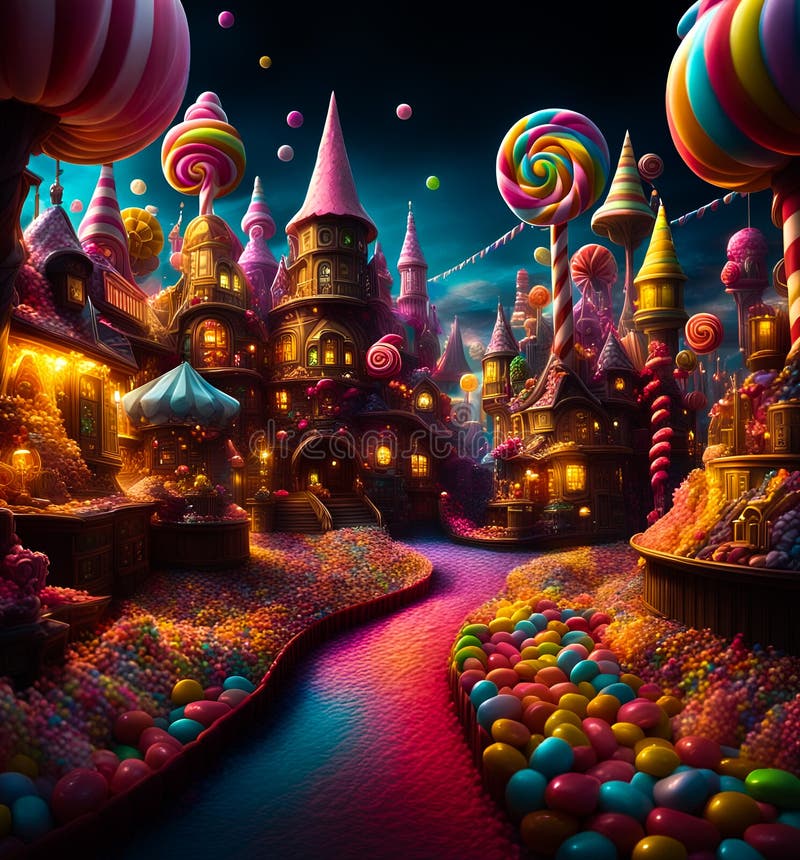 Nighttime in candy land stock illustration. Illustration of castle ...
