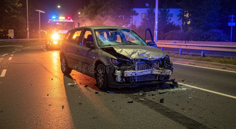 Nighttime Car Accident Scene with Emergency Response in Urban Setting ...