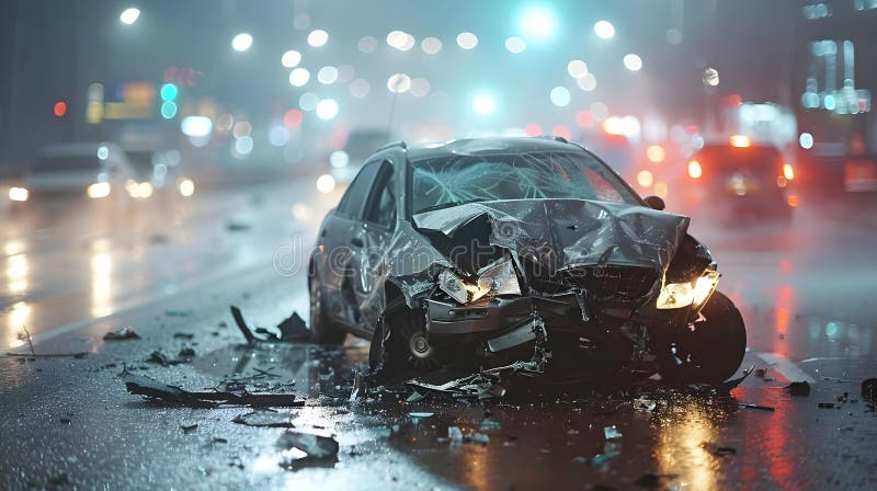 Nighttime Car Wreck Consequence of Speed & Intoxication. Concept Car ...