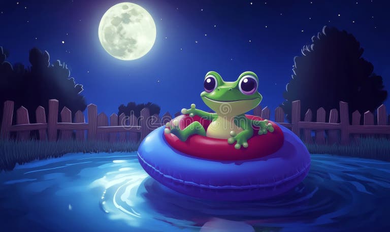 Nighttime Cartoon of a Frog on an Inflatable Circle in a River Stock ...