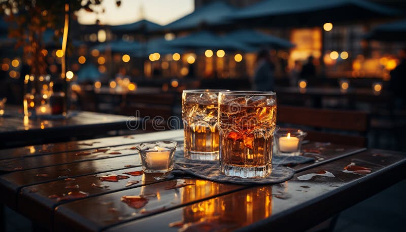 Nighttime Celebration at a Bar, Drinks Flowing, Glasses Clinking ...