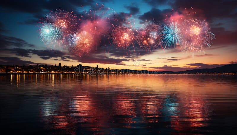 Nighttime Celebration Fireworks Exploding, Reflecting in Water, Multi ...