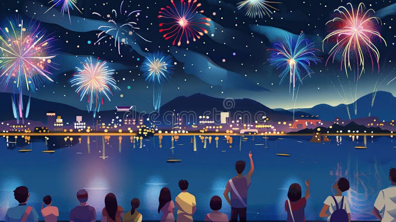 Nighttime Celebration with Fireworks Over Water Stock Illustration ...