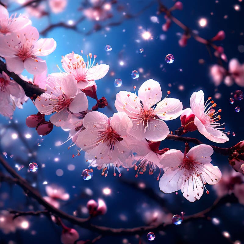A Nighttime Cherry Blossom Tree Under Full Moon. Generative AI Stock ...