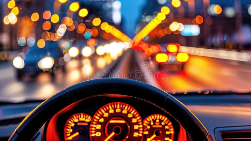 Nighttime City Drive with Blurred Lights Seen through Car Windshield ...
