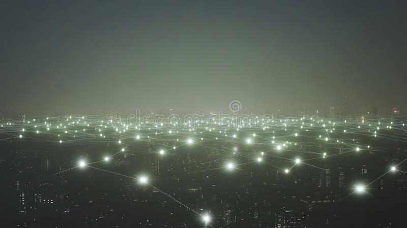 Nighttime City Grid with Glowing Network Pattern Overlay Stock ...