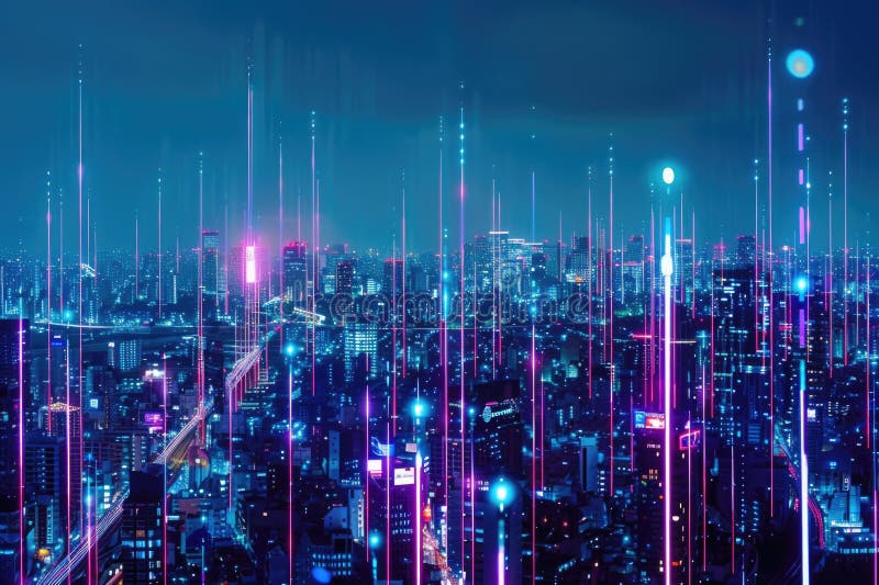 Nighttime City Scene with Many Lights and Buildings Stock Image - Image ...