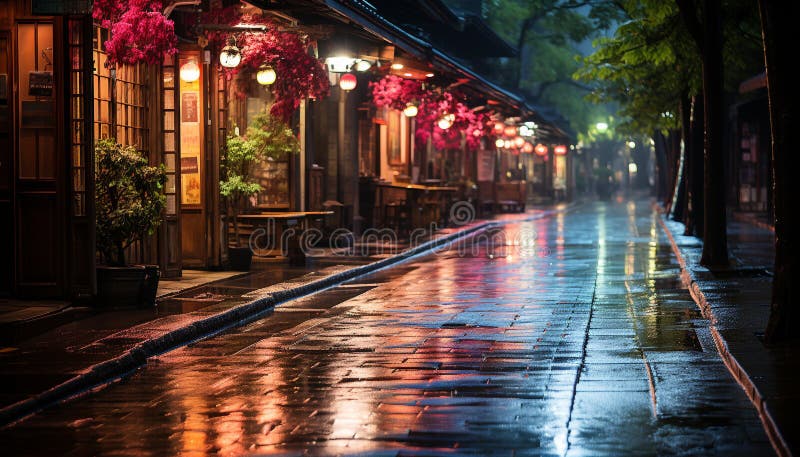 Nighttime City Street Illuminated by Colorful Street Lights Generated ...