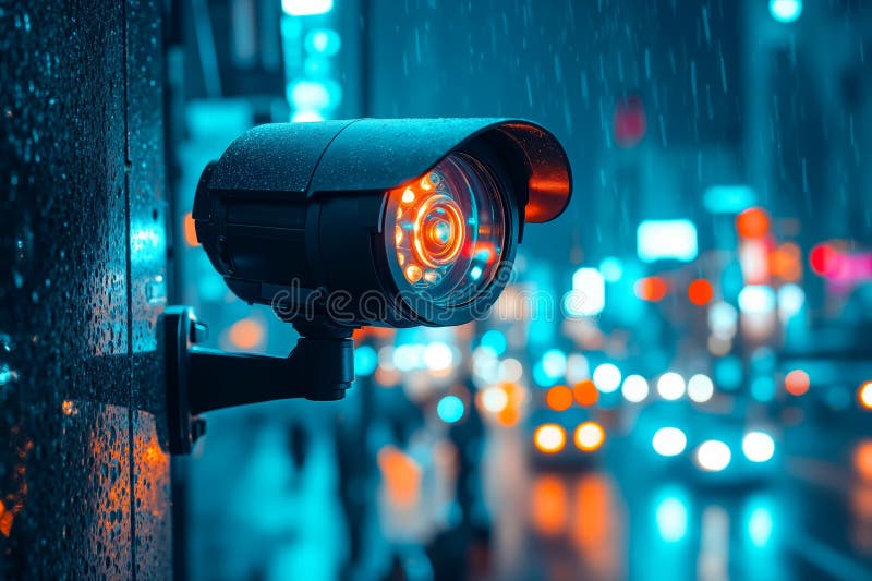 A Security Camera Mounted on the Side of a Building in the Rain Stock ...