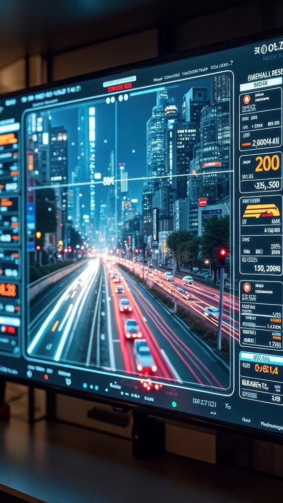 Nighttime City Traffic on High-tech Digital Dashboard Stock Photo ...