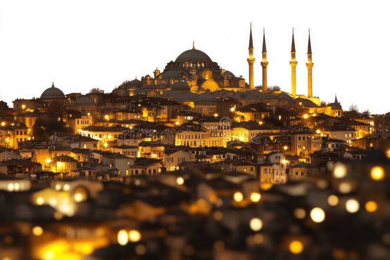 Nighttime City View from a Distance with Buildings and Lights Stock ...