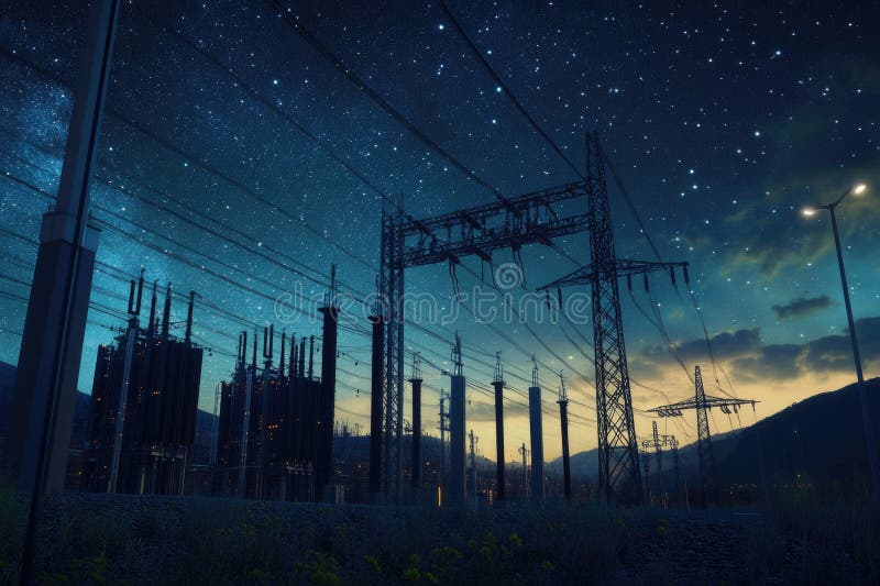 Nighttime City View with Power Lines and Urban Skyline Stock Image ...