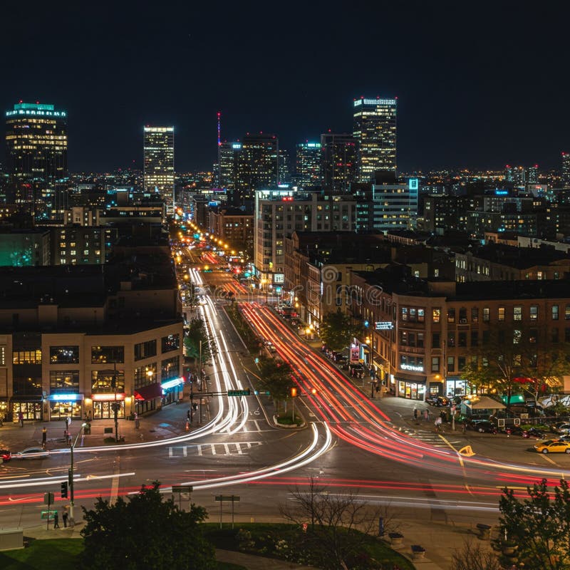 Nighttime Cityscape Featuring a Bustling Intersection in a Metropolitan ...