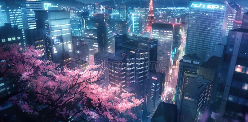 Nighttime Cityscape with Sakura Tree Stock Illustration - Illustration ...
