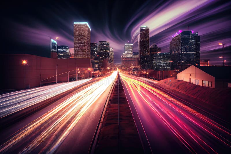 Nighttime Cityscape with Speeding Traffic and Long Exposures Stock ...
