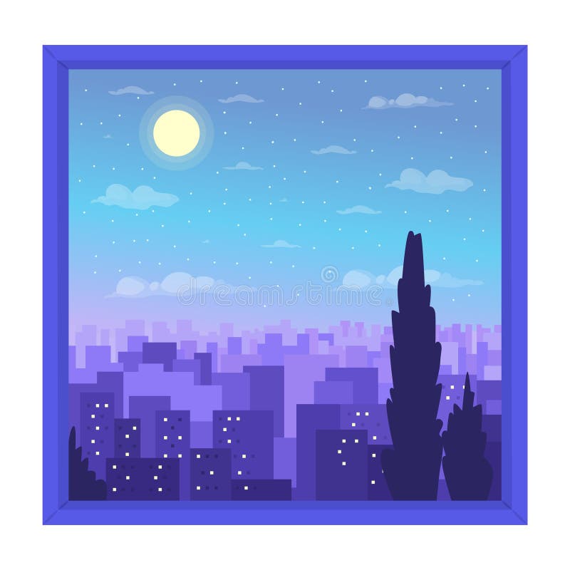 Nighttime Cityscape View from Window Semi Flat Color Vector Icon Stock ...