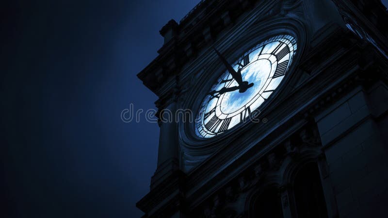 Nighttime Close Up of Illuminated Clock Tower Face Stock Illustration ...