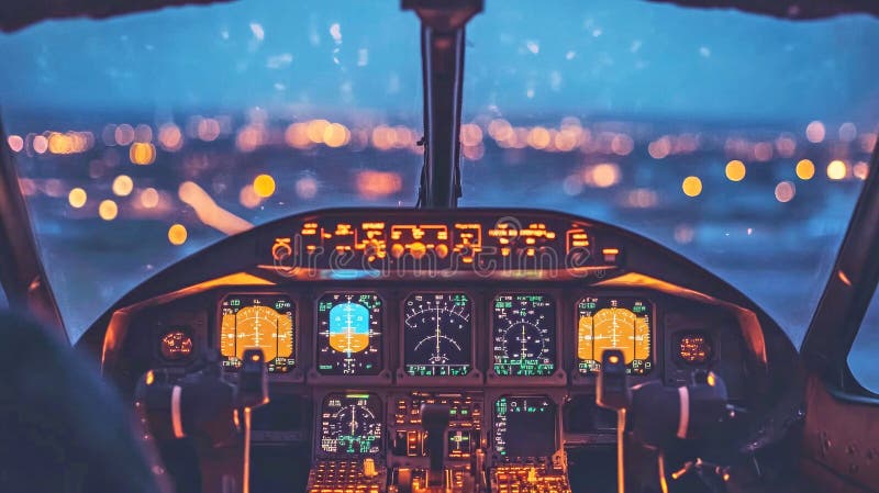Nighttime Cockpit View of a Modern Airplane with Illuminated Instrument ...