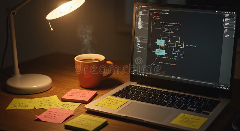 Nighttime Coder's Workspace Laptop Coffee Sticky Notes Stock Photos ...
