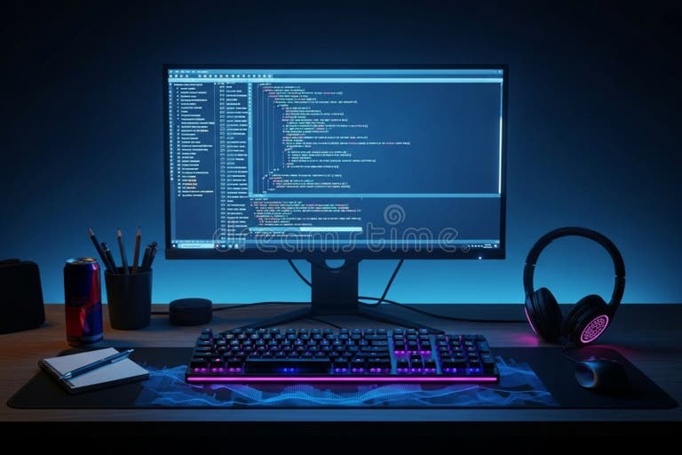 Nighttime Coding Desk with Neon Lighting and Energy Drink – Designed for Cybersecurity ...