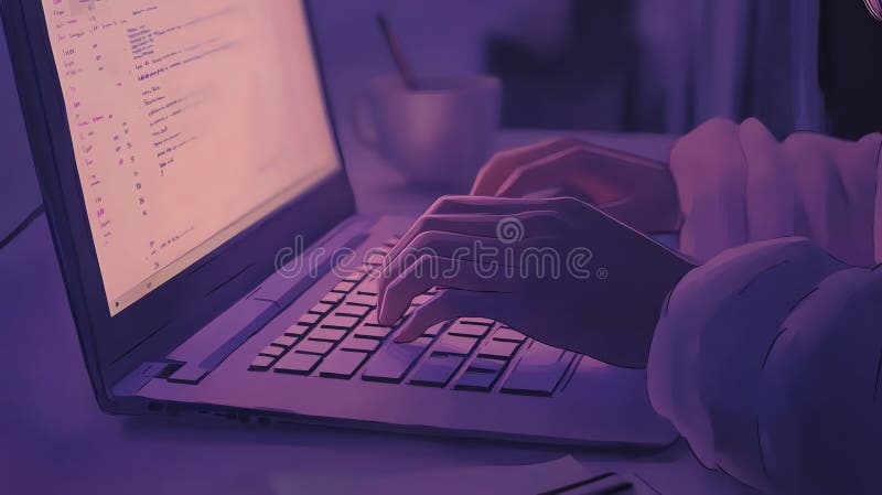 Nighttime Coding Illustration: Purple Hues Laptop Stock Image - Image ...