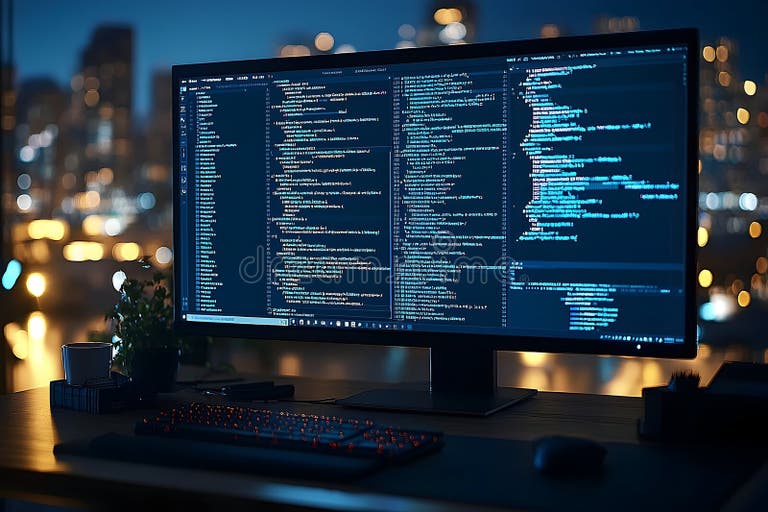 Night Coding Scene stock illustration. Illustration of algorithm ...