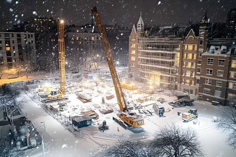 Nighttime Construction Activity at a Building Site during Snowfall in ...