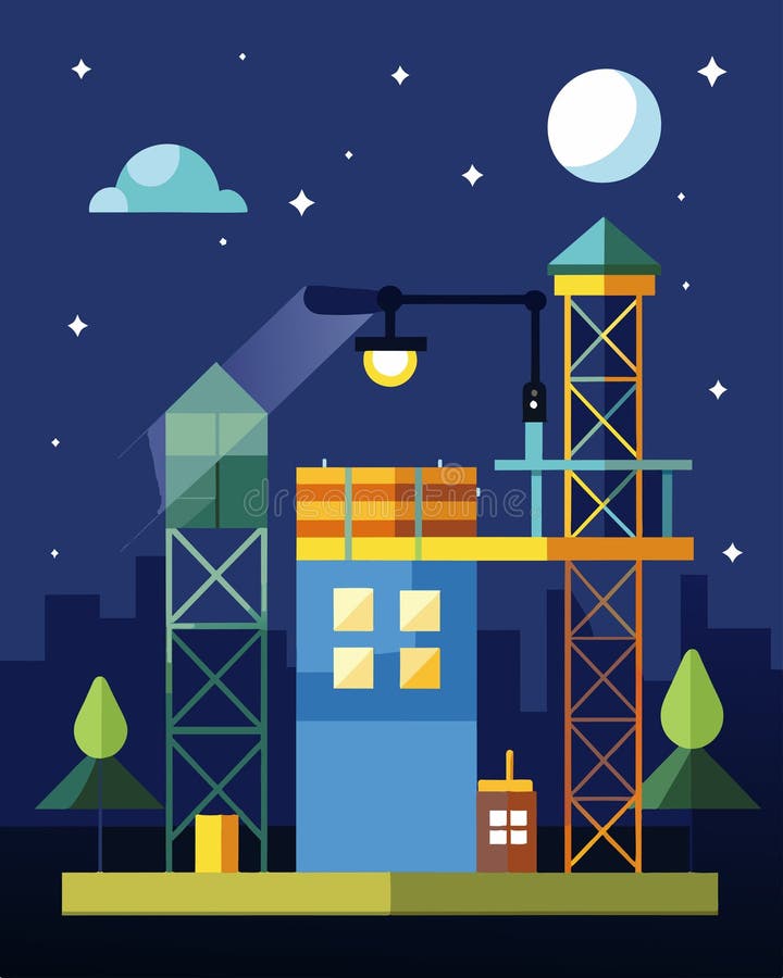 A Nighttime Construction Scene Where the Site is Illuminated by ...