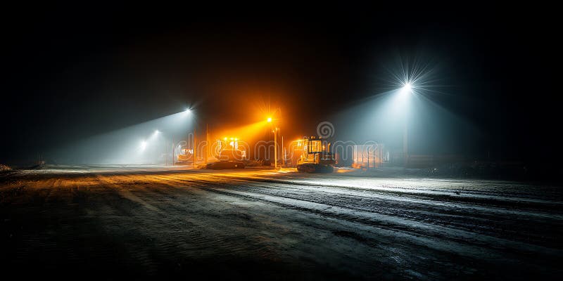 Nighttime Construction Site Lights and Fog Dramatic Industrial Image ...