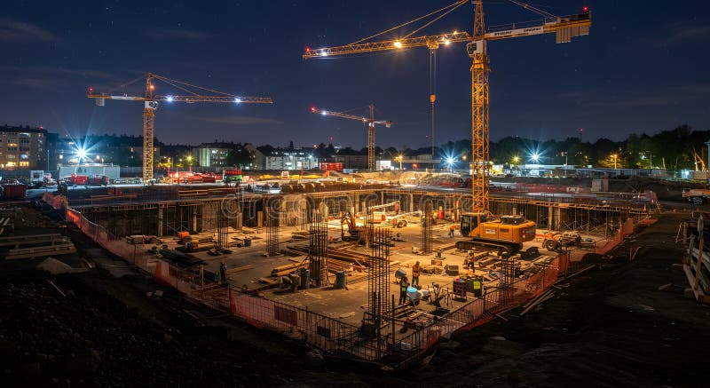Nighttime Construction Site: Workers Building Modern Cityscape Stock ...