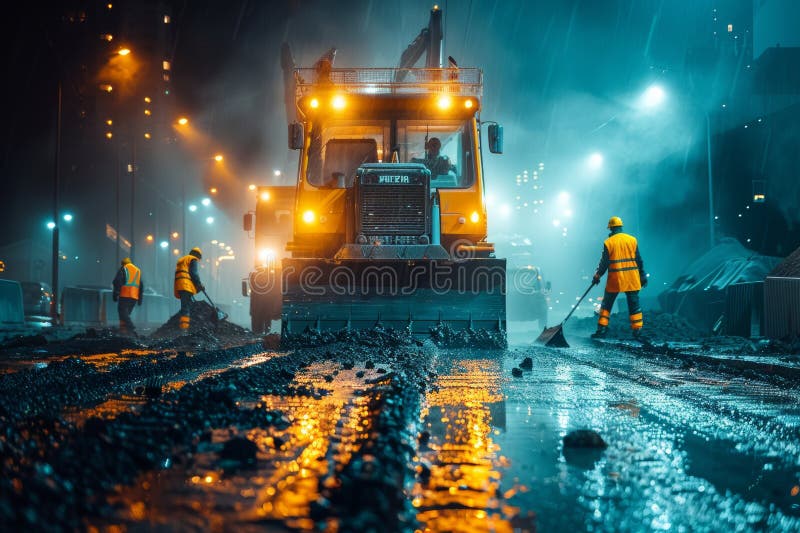 Nighttime Construction Work Featuring Heavy Machinery and Workers Stock ...