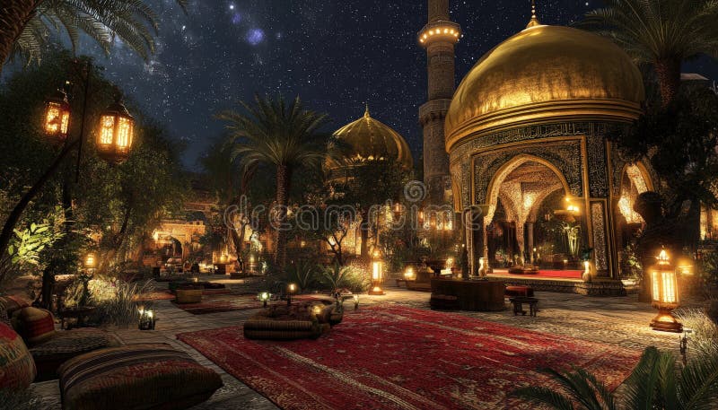 Nighttime Courtyard with Golden Domes and Lanterns Under Starry Sky ...
